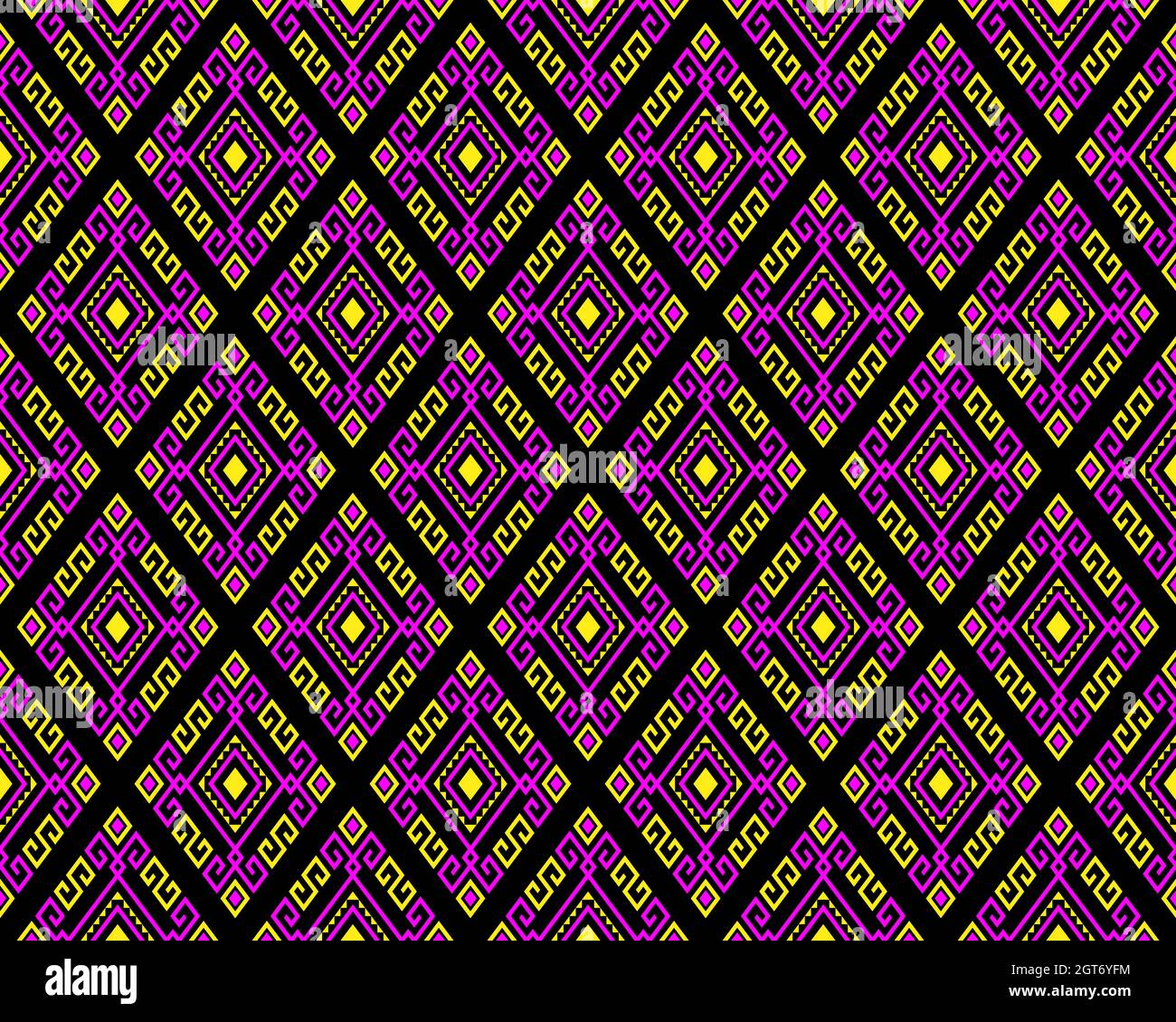 Magenta Yellow Tribal or Ethnic Seamless Pattern on Black Background in ...