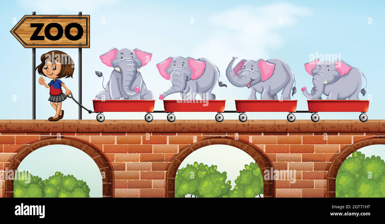 Girl pulling carts loaded with elephants to the zoo Stock Vector Image ...