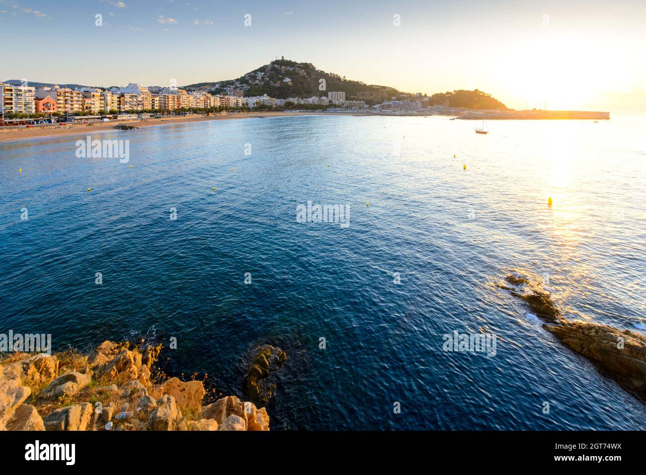 Blanes city and beach from Sa Palomera rock at morning in Spain Stock ...