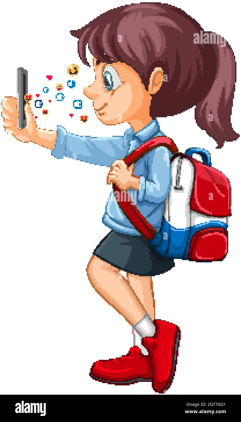 Girl using smart phone with social media icon theme isolated on white ...