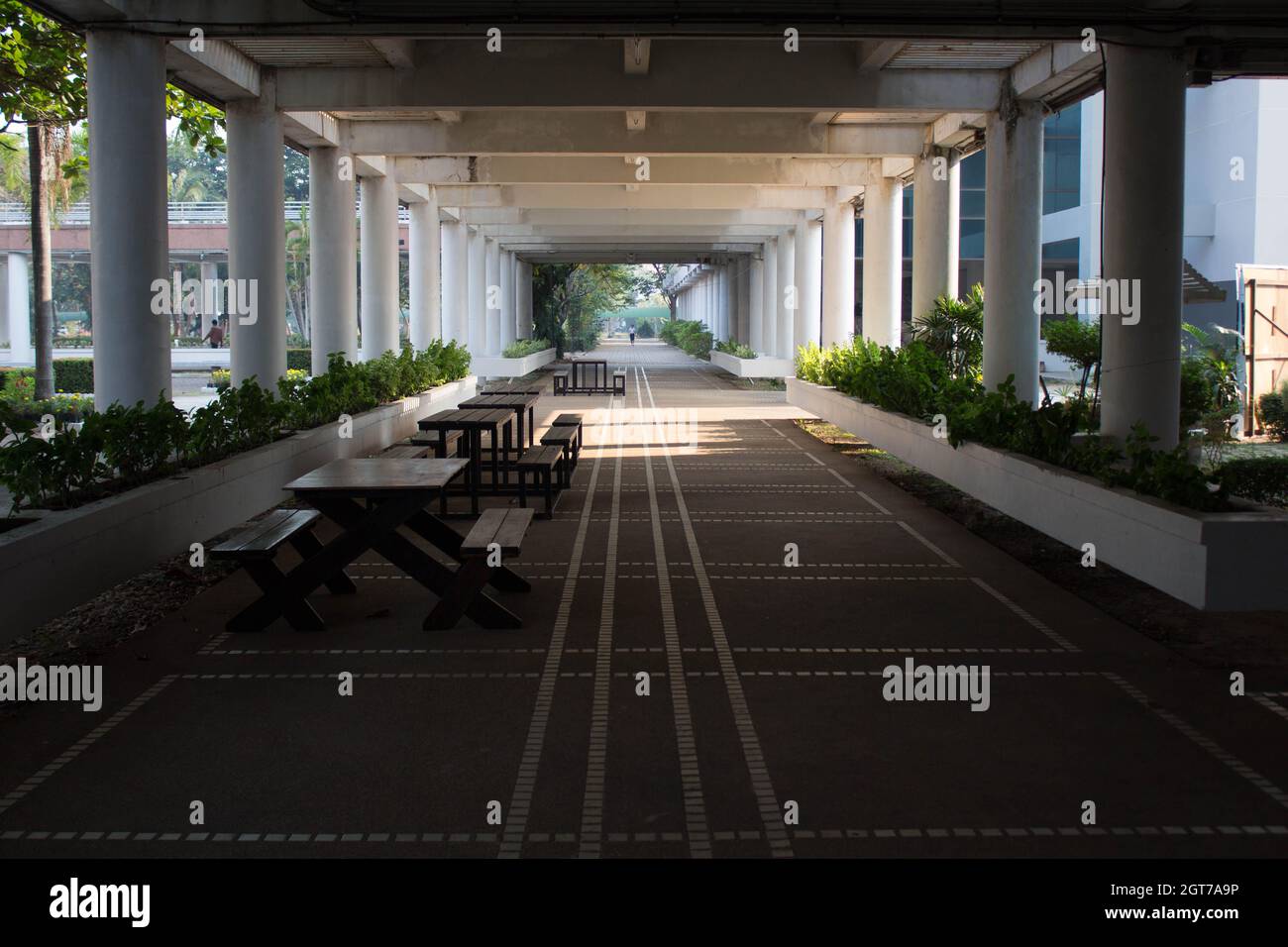 View Of Empty Benches On Bridge Stock Photo - Alamy