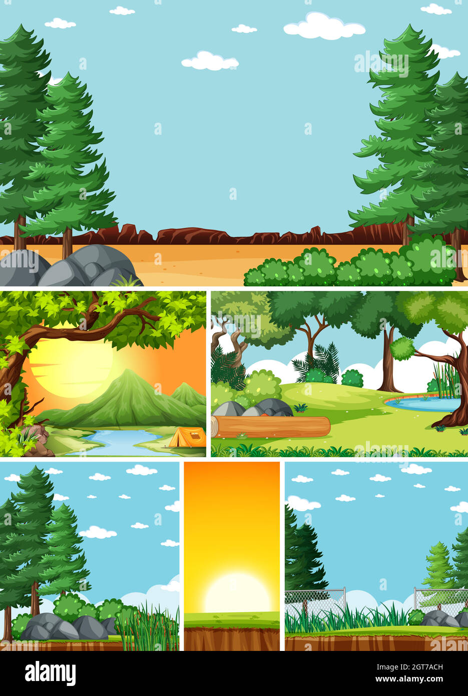 Six different scenes in nature setting cartoon style Stock Vector Image ...