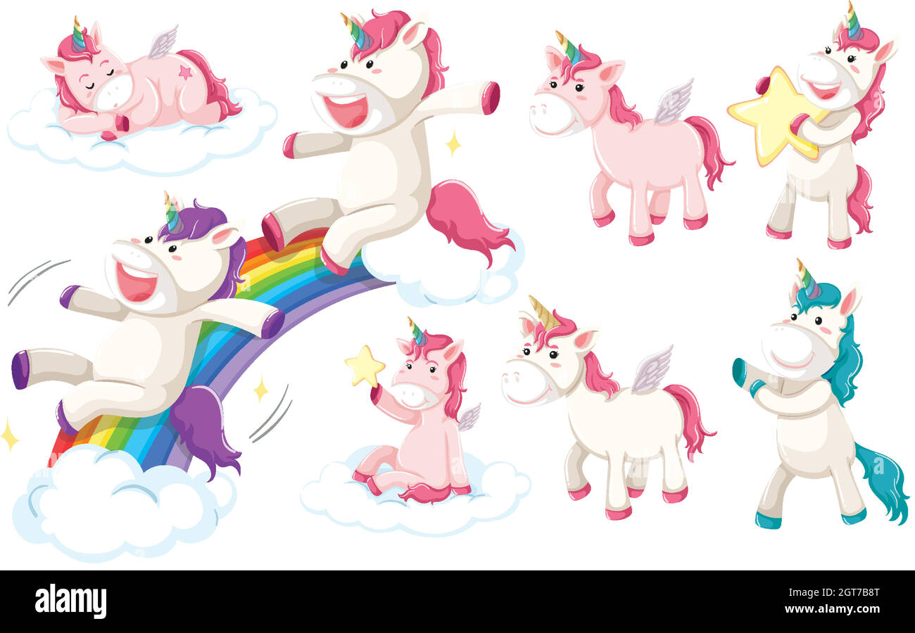 Set of different unicorn cartoon characters isolated on white ...