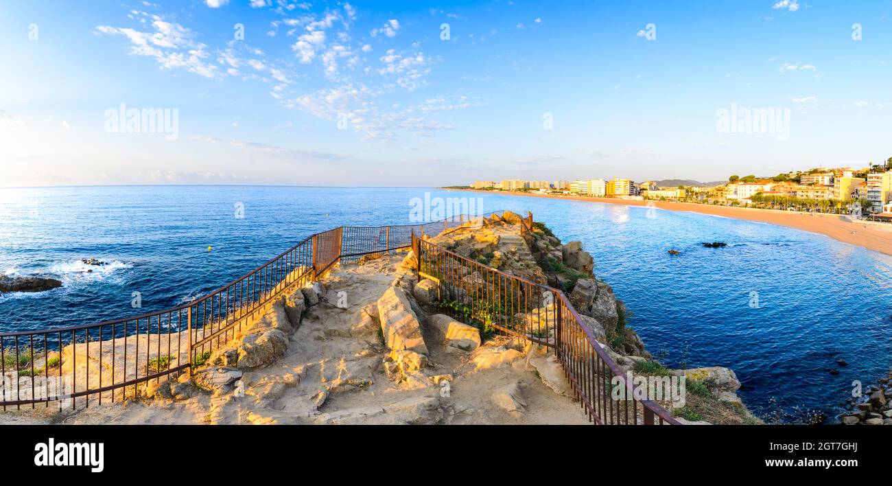 Blanes city and beach from Sa Palomera rock at morning in Spain Stock ...