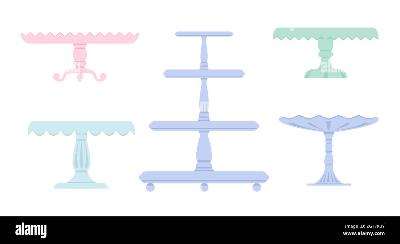 Set of cake stands in flat icon style. Empty trays for fruit and ...