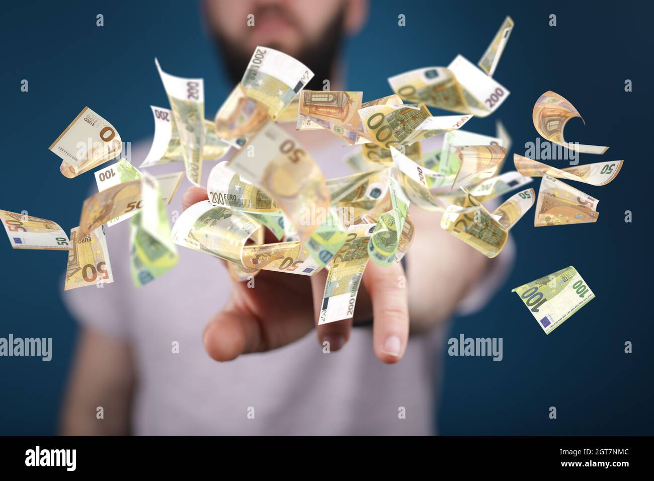 3D rendering of floating Euro banknotes with a hand tapping it from the ...