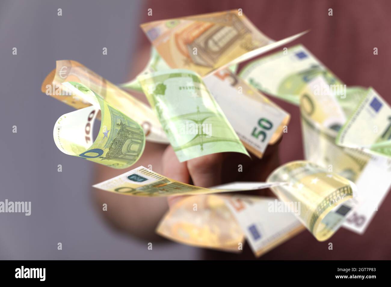 3D rendering of floating Euro banknotes with a hand tapping it from the ...
