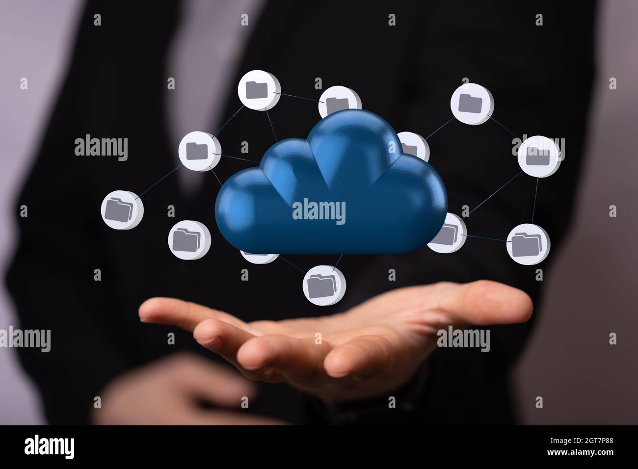 3D rendering of cloud with folders floating over hand- Cloud computing ...