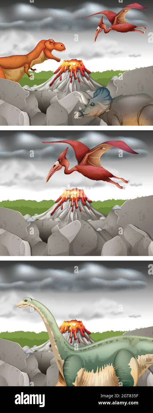 Scene with dinosaurs and volcano Stock Vector Image & Art - Alamy