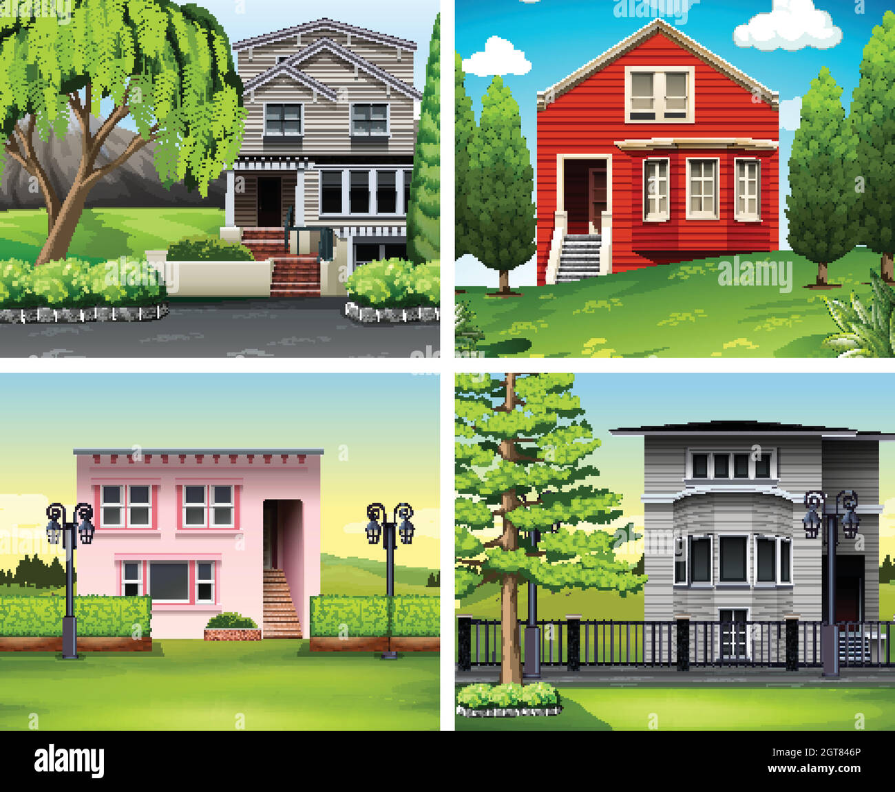 Four scenes of houses and lawn Stock Vector Image & Art - Alamy