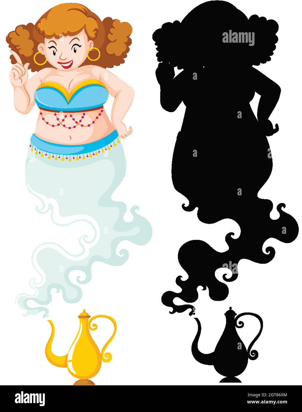 Genie Girl With Genie Lamp In Color And Silhouette Isolated On White
