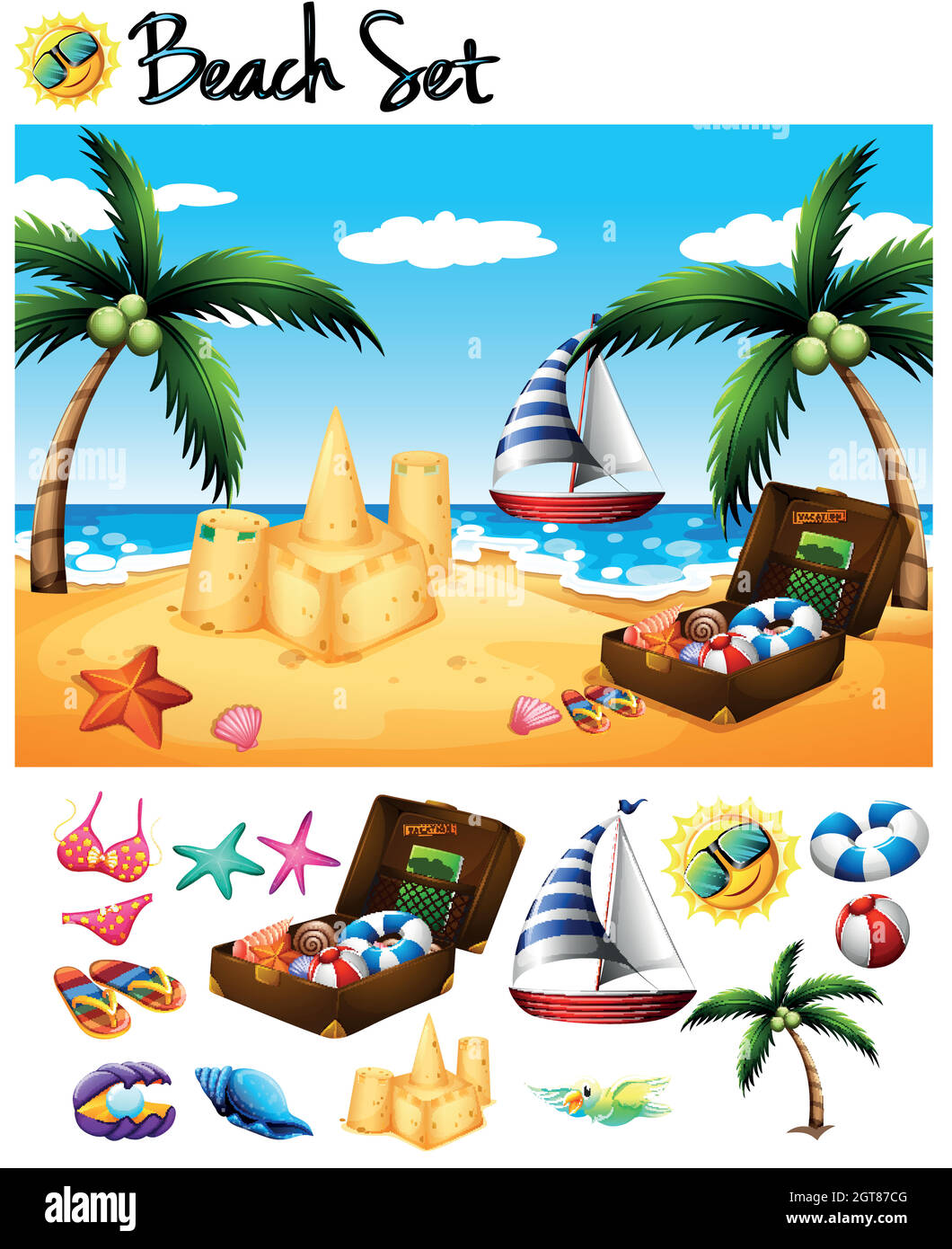 Beach objects and ocean scene Stock Vector Image & Art - Alamy