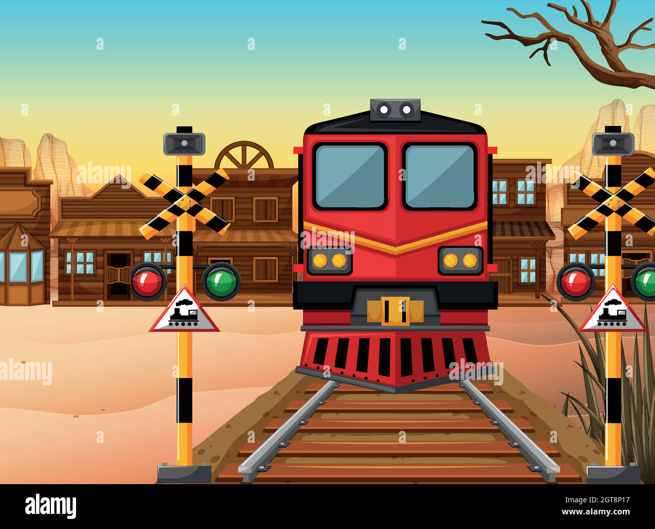 Train on the track to the western town Stock Vector Image & Art - Alamy