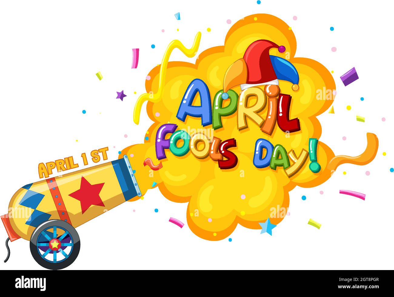 April Fool's Day font logo with Jester hat and confetti explosion Stock ...