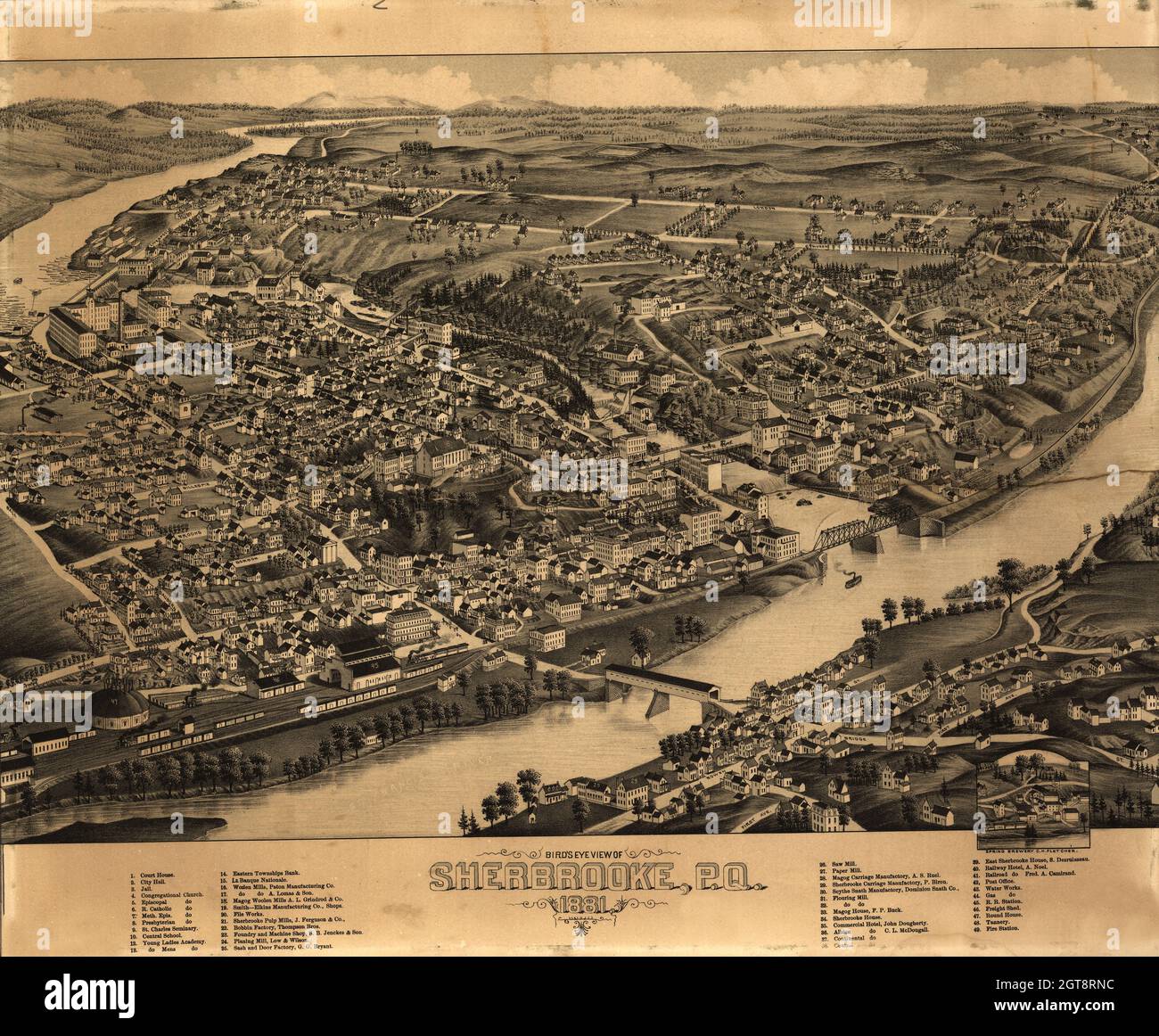 Bird's eye view panoramic map of Sherbrooke, Quebec, Canada in 1881 ...