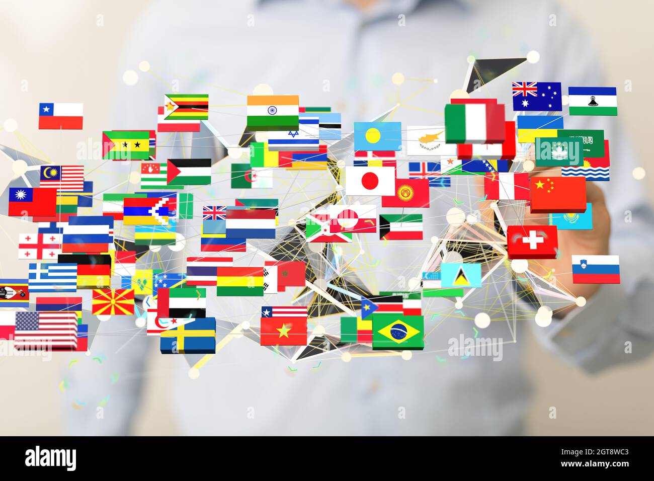 3D rendering of floating national flags of the world with hand tapping ...