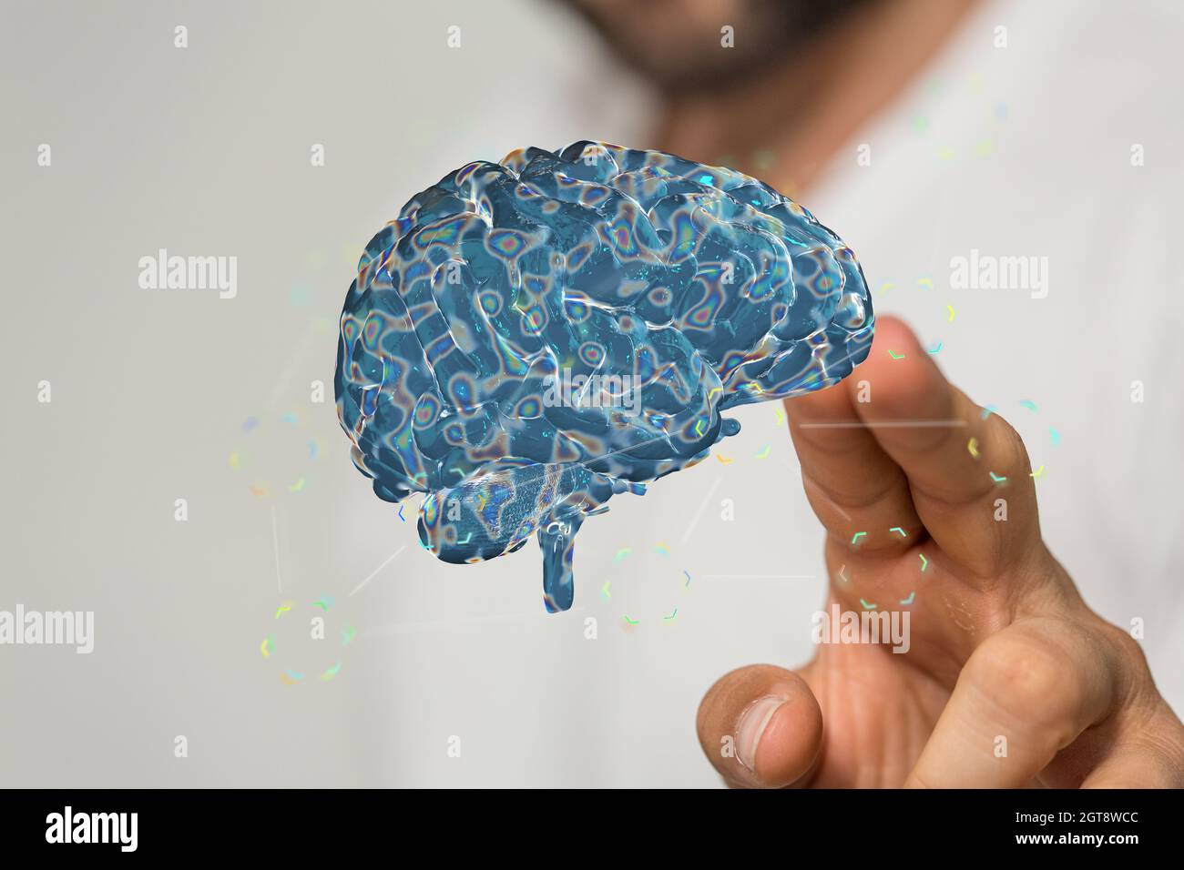 3D rendering of floating brain with hand touching it-brain network and ...