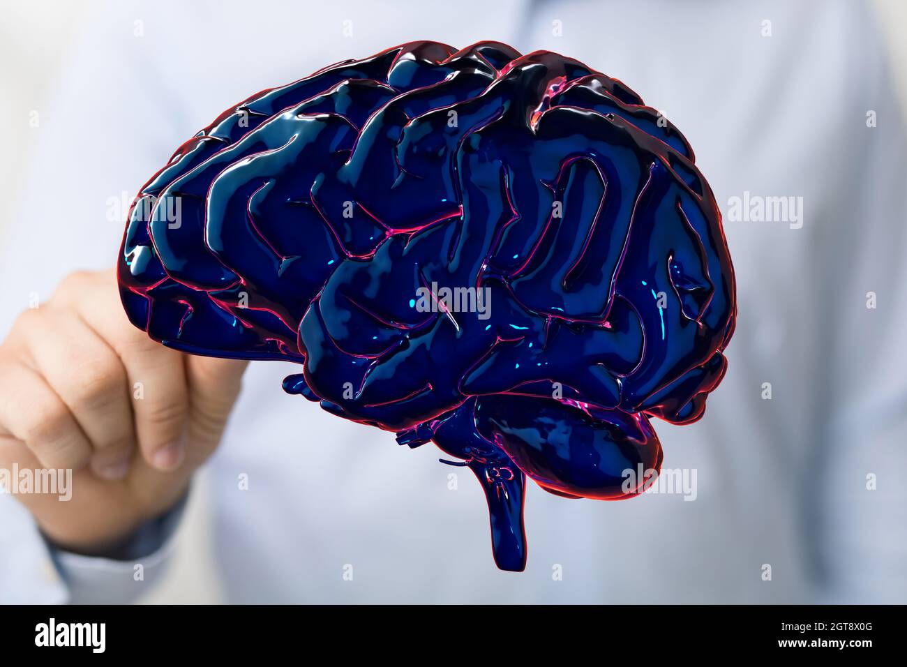 3D rendering of floating brain with hand touching it-brain network and ...