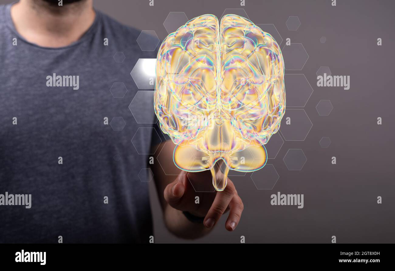 3D rendering of floating brain with hand tapping it from behind-brain ...