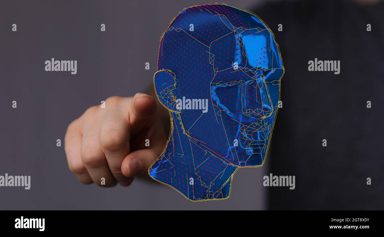 3D rendering of floating digital head with hand pointing on it-brain ...