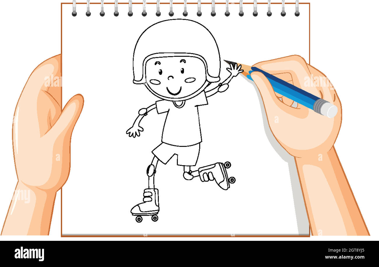 Hand writing of boy playing roller skate outline Stock Vector Image ...