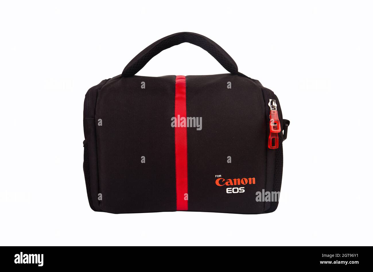 Canon EOS digital cameras designed for red striped black bag, isolated ...