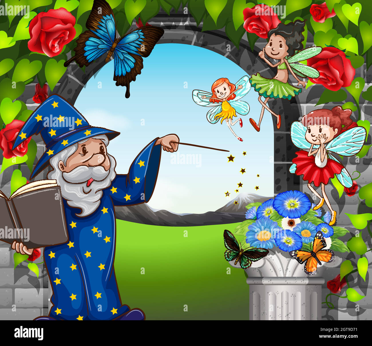 Wizard and fairies flying in garden Stock Vector Image & Art - Alamy