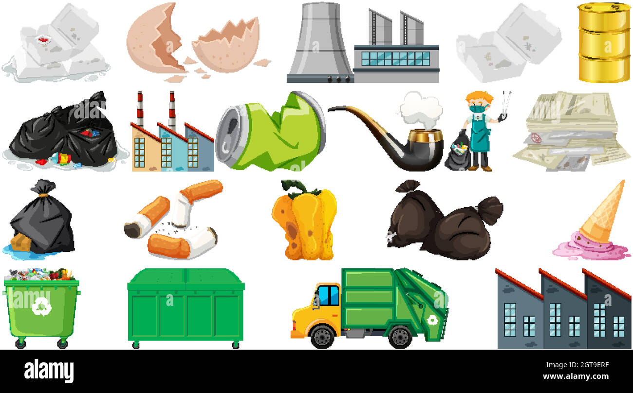 Pollution, litter, rubbish and trash objects isolated Stock Vector ...