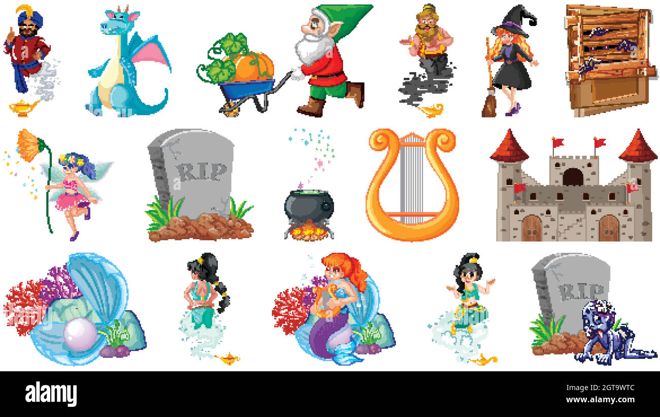 Set of fantasy cartoon characters and fantasy theme isolated on white ...
