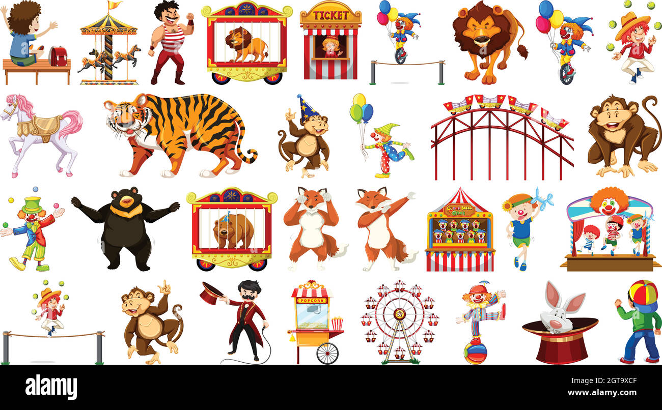 Huge circus collection with mixed animals, people, clowns and rides ...