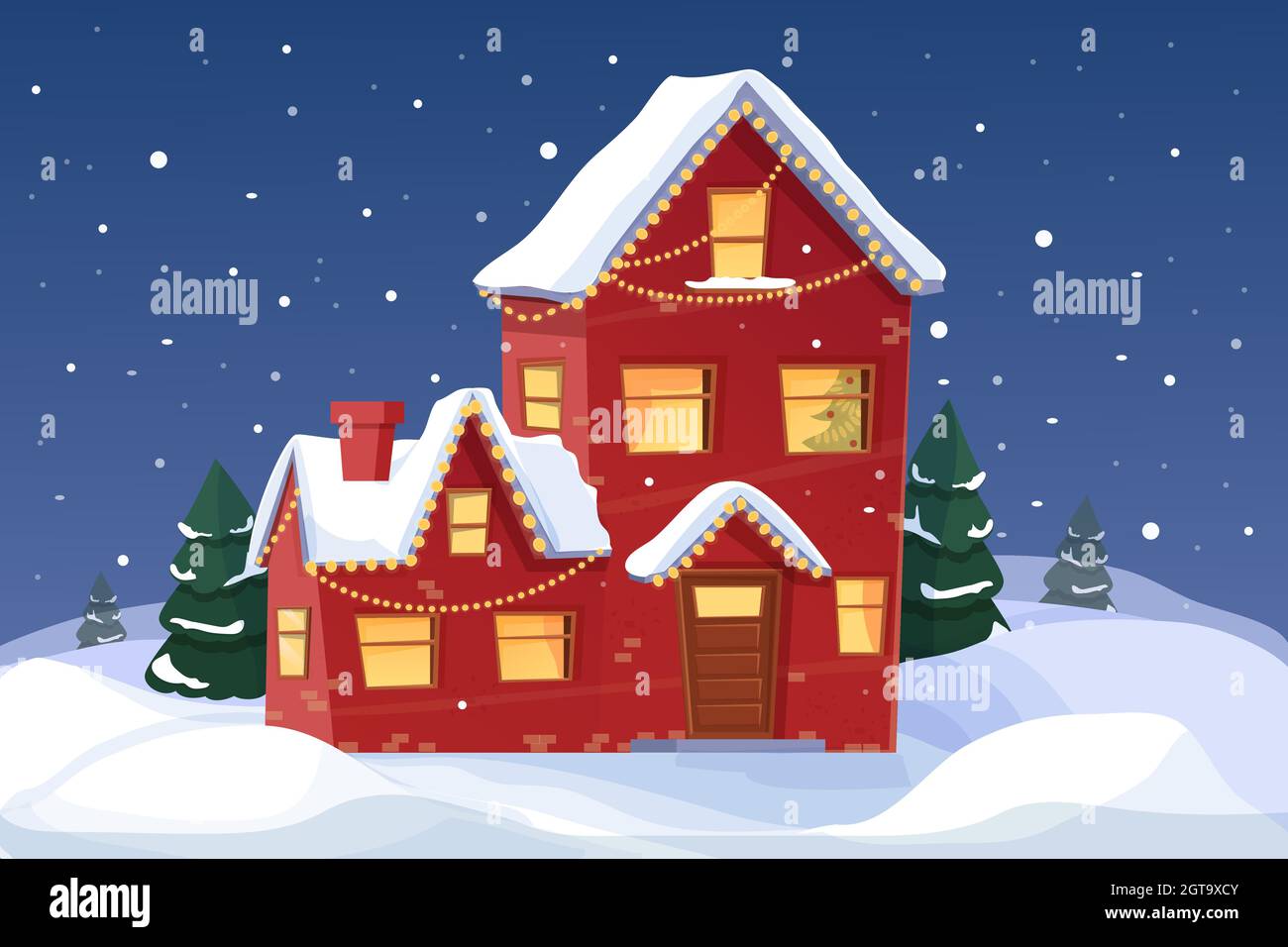 Christmas background with fairy tale house and forest in snowfall night ...