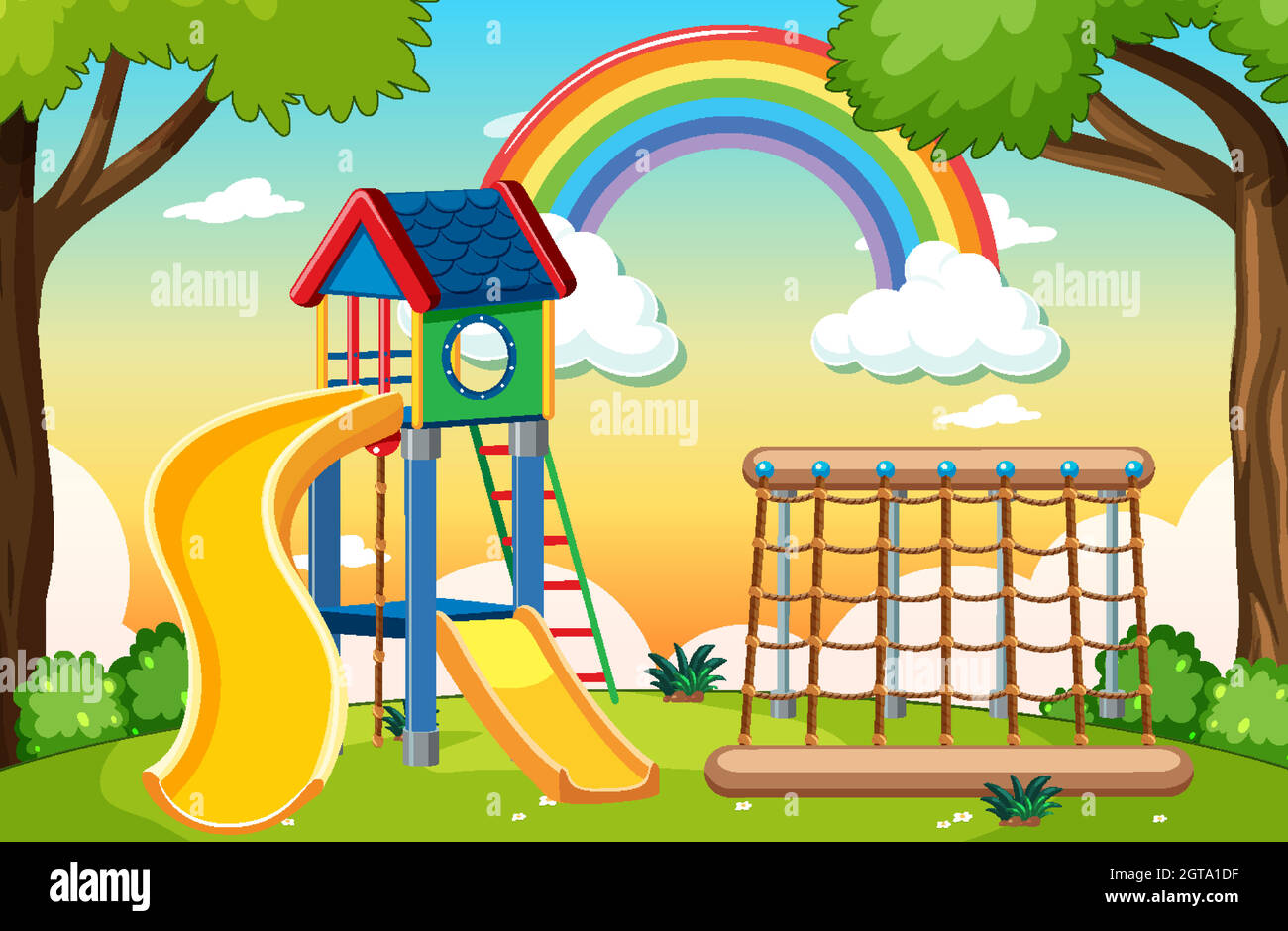 Kids playground in the park with rainbow in the sky at daytime cartoon ...