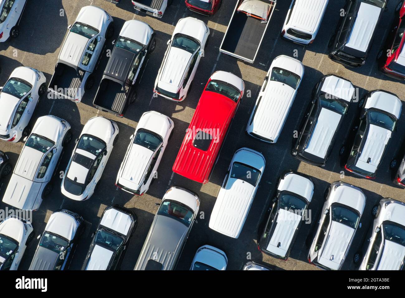 Aerial view from drone to automobile customs terminal. Large number of ...