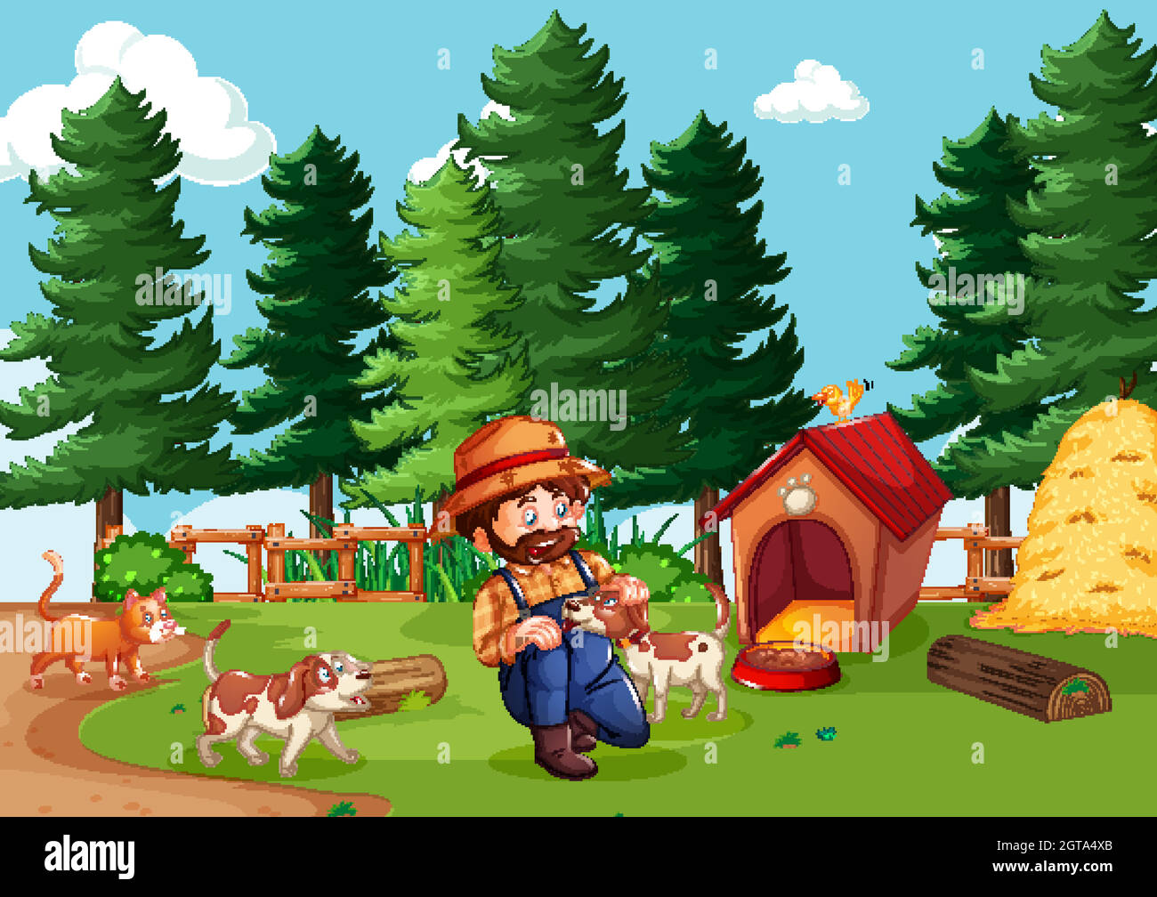 Farmer with animal farm in farm scene in cartoon style Stock Vector ...