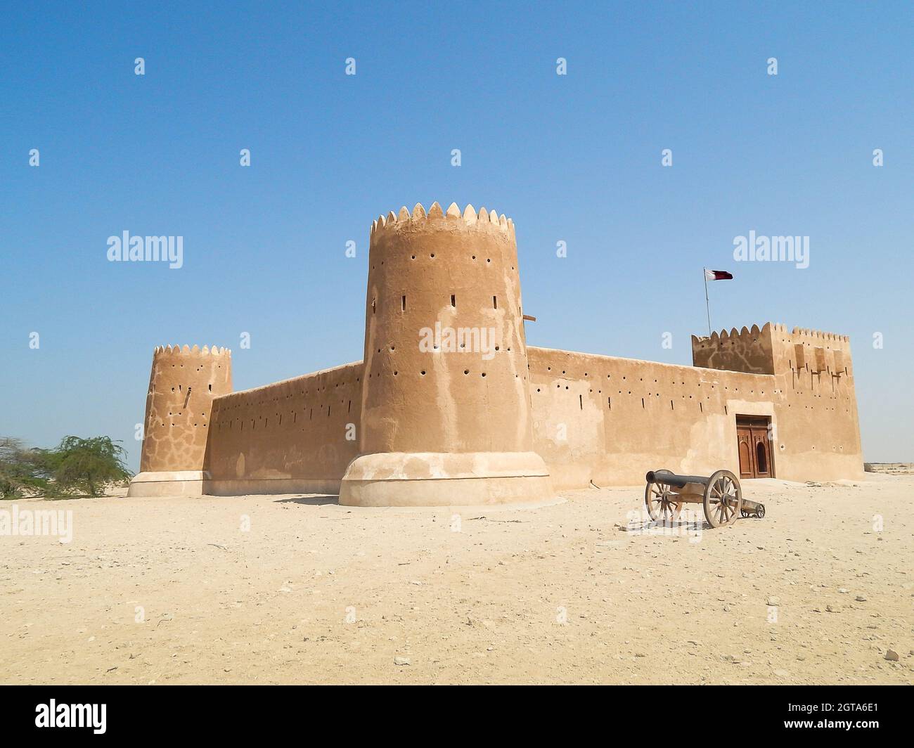 Internal view of the historical Al Zubarah fort in Qatar with an cannon ...