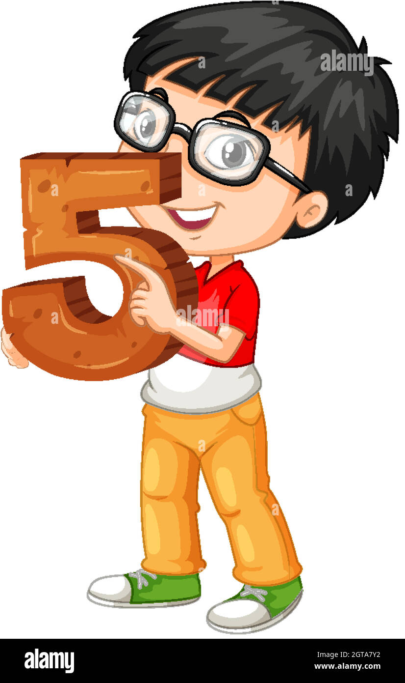 Nerdy boy wearing glasses holding math number five Stock Vector Image ...