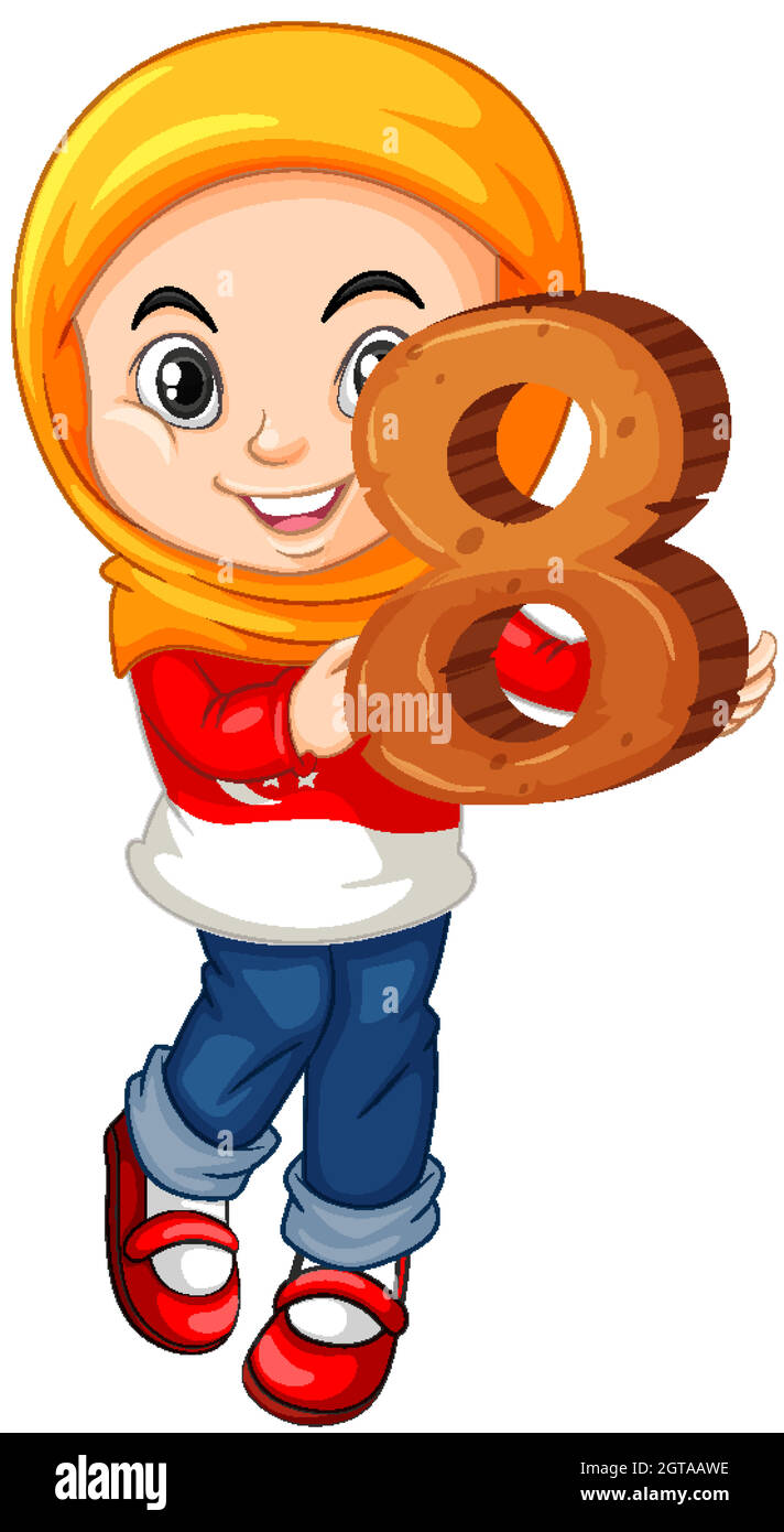 Muslim girl wearing hijab holding math number eight Stock Vector Image ...