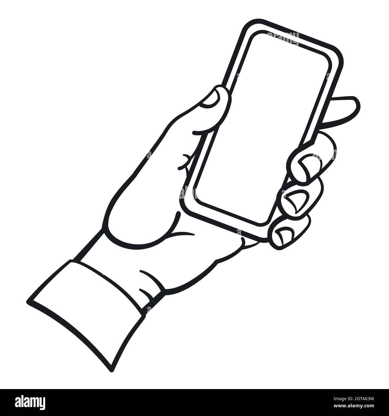 Illustration of the hand holding the smartphone in a black and white ...