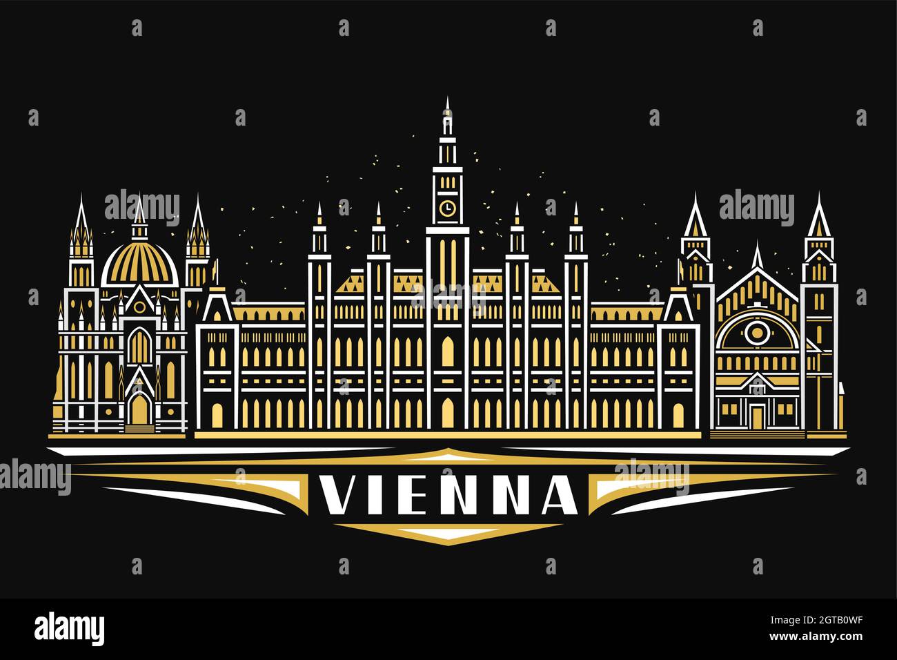 Vector illustration of Vienna, black horizontal poster with linear ...