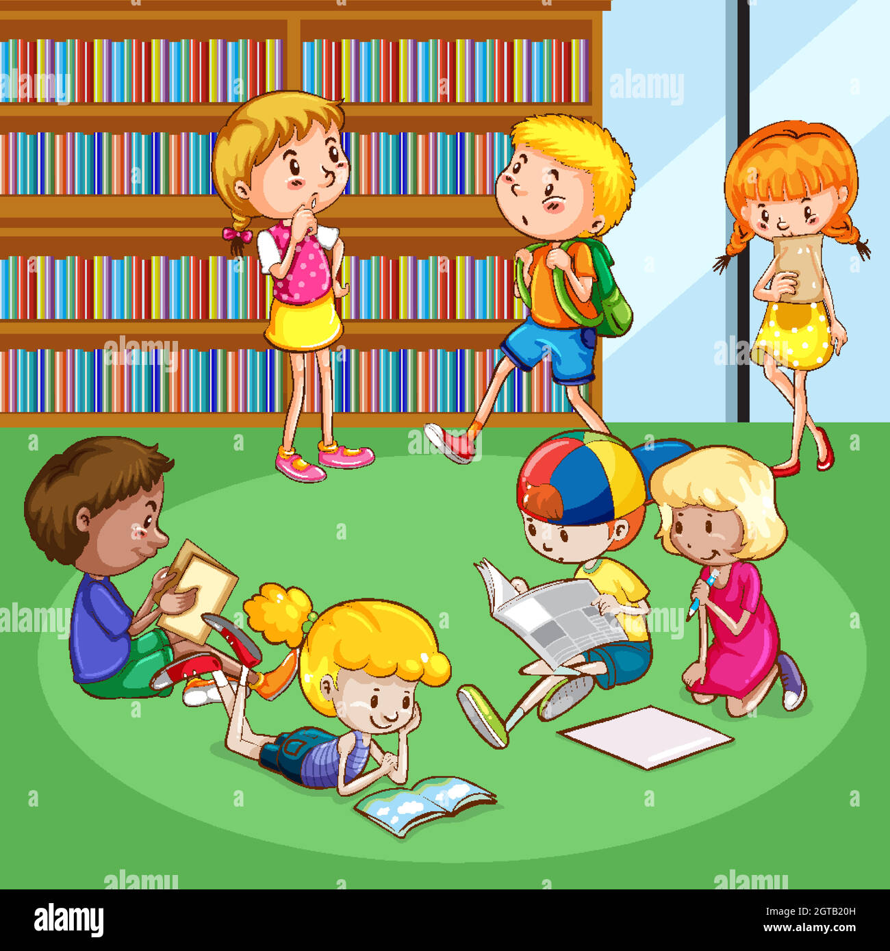 Scene with many children reading books in the room Stock Vector Image ...