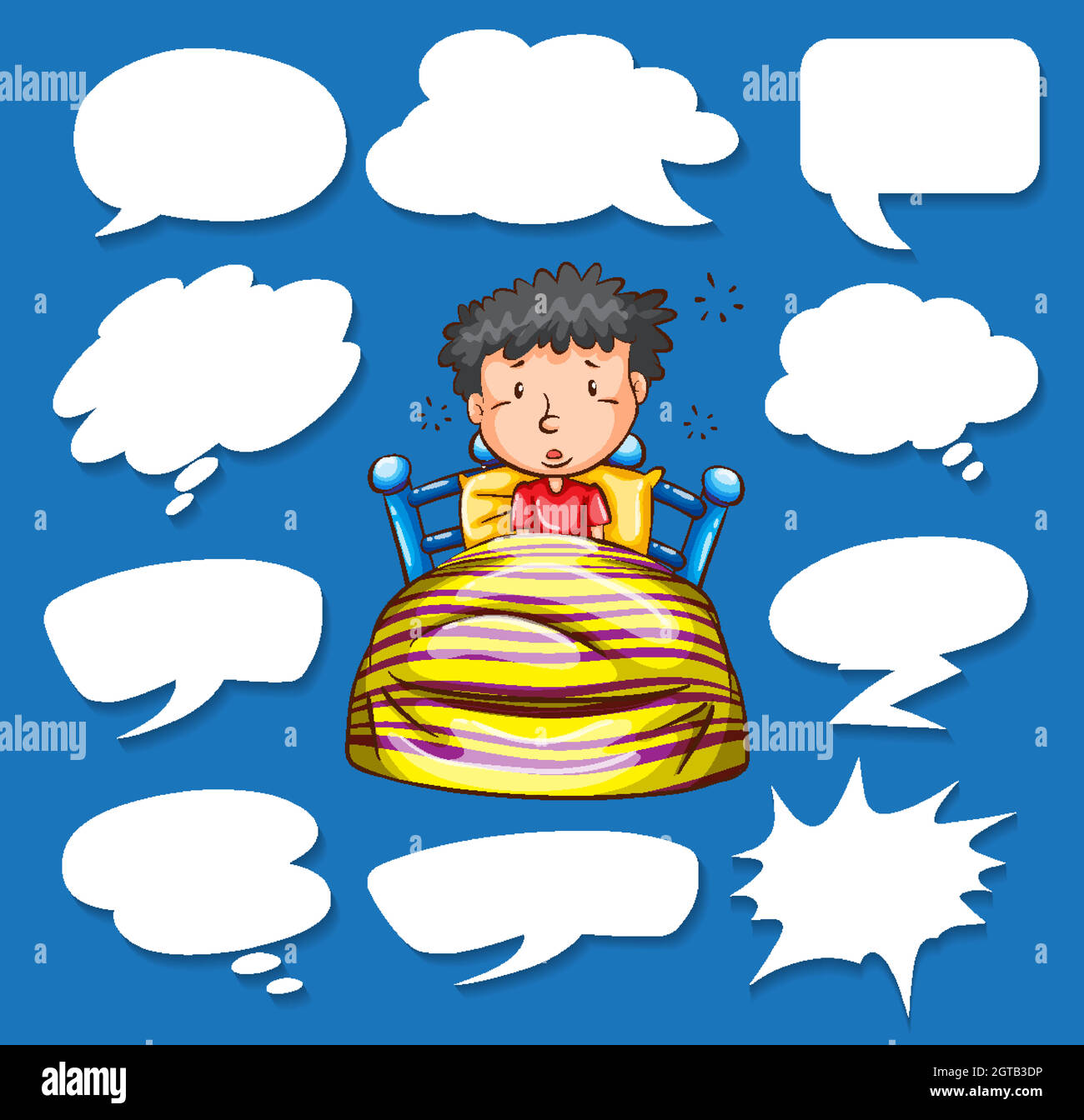 Different shapes of speech bubbles and sleepy boy in bed Stock Vector ...