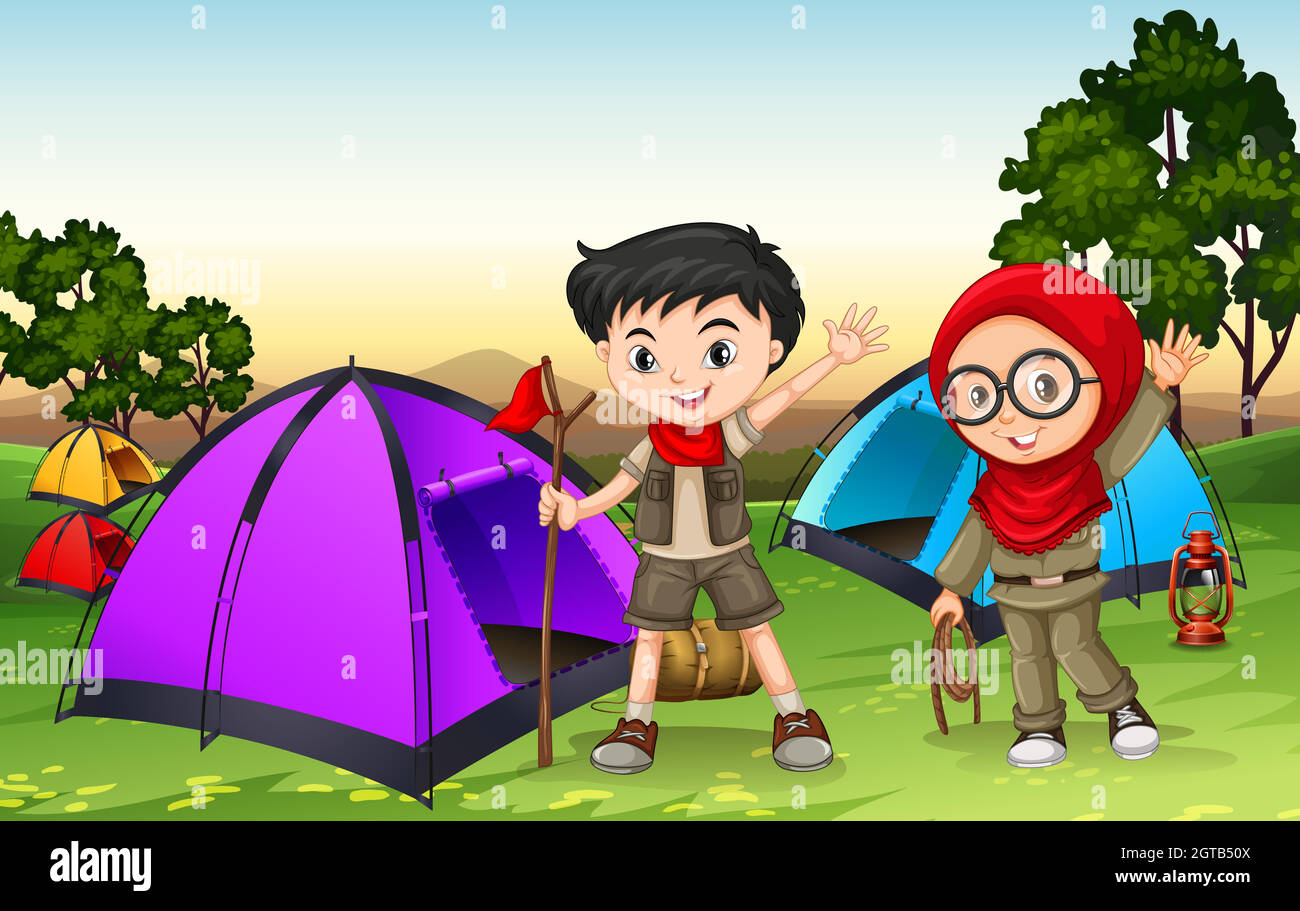 Boy and girl camping out in the field Stock Vector Image & Art - Alamy