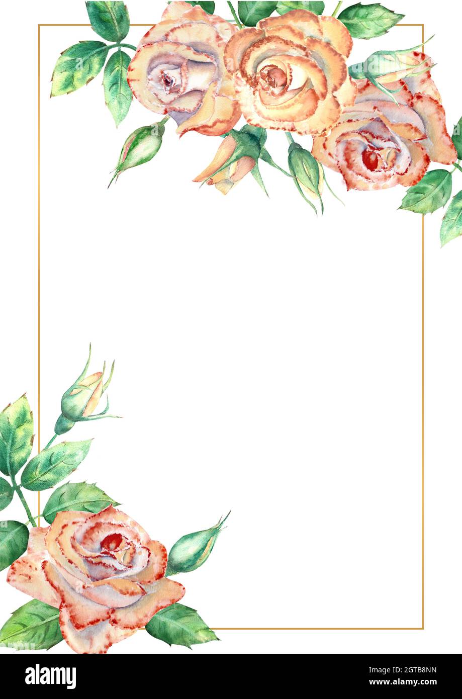Gold geometric frame decorated with flowers. Peach roses, green leaves ...
