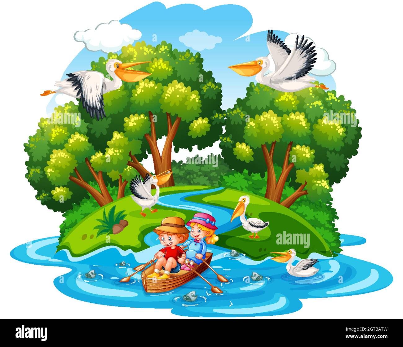 Children row the boat in the stream forest scene on white background ...