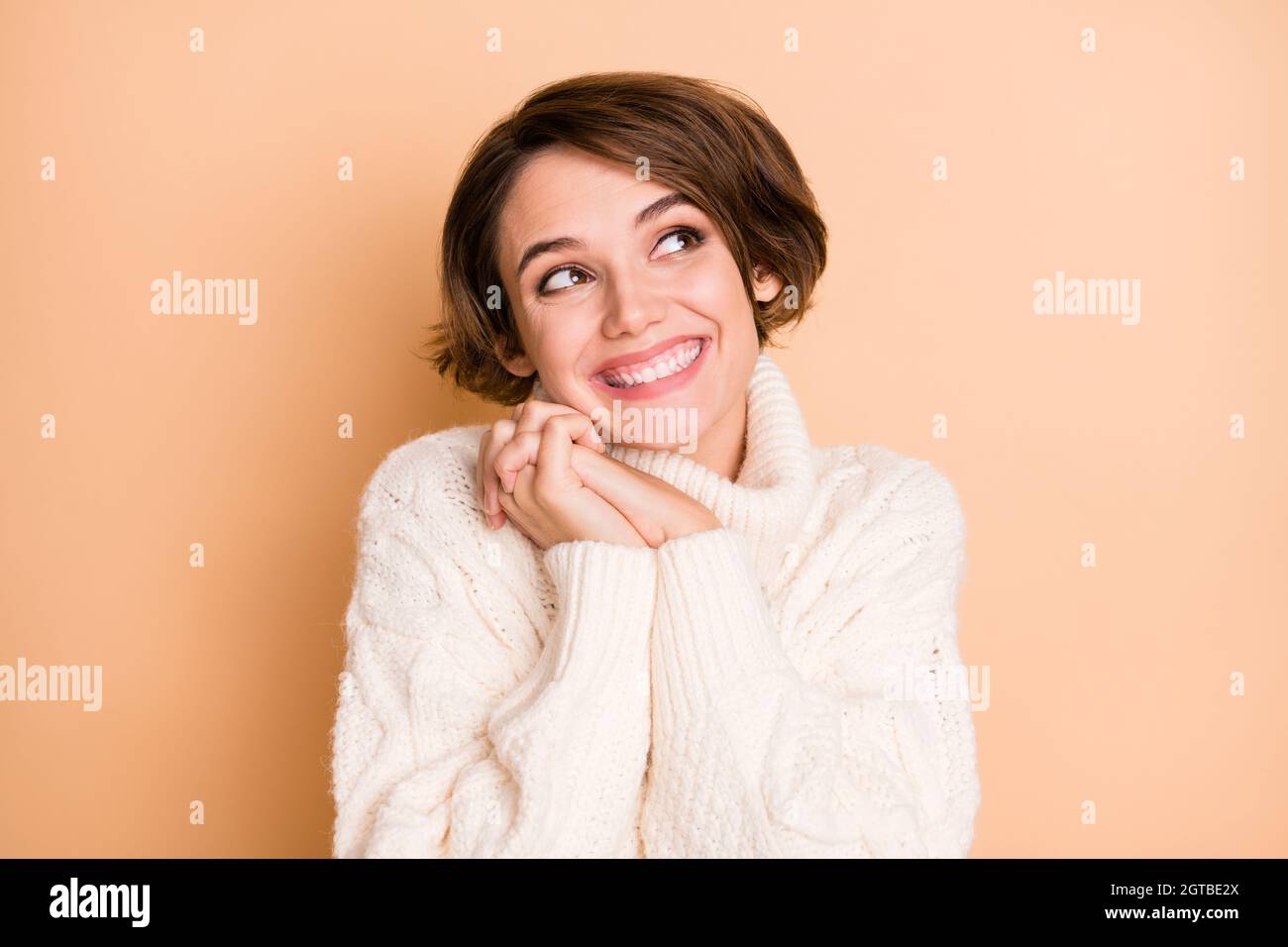 Photo of charming dreamy cute lady look empty space imagine present ...