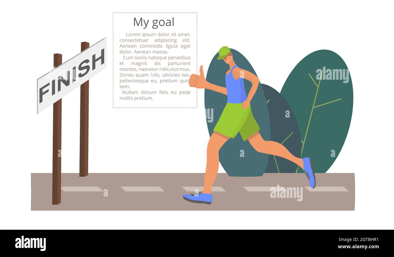 The man runs to the finish line and gives a thumbs-up. The symbol for ...