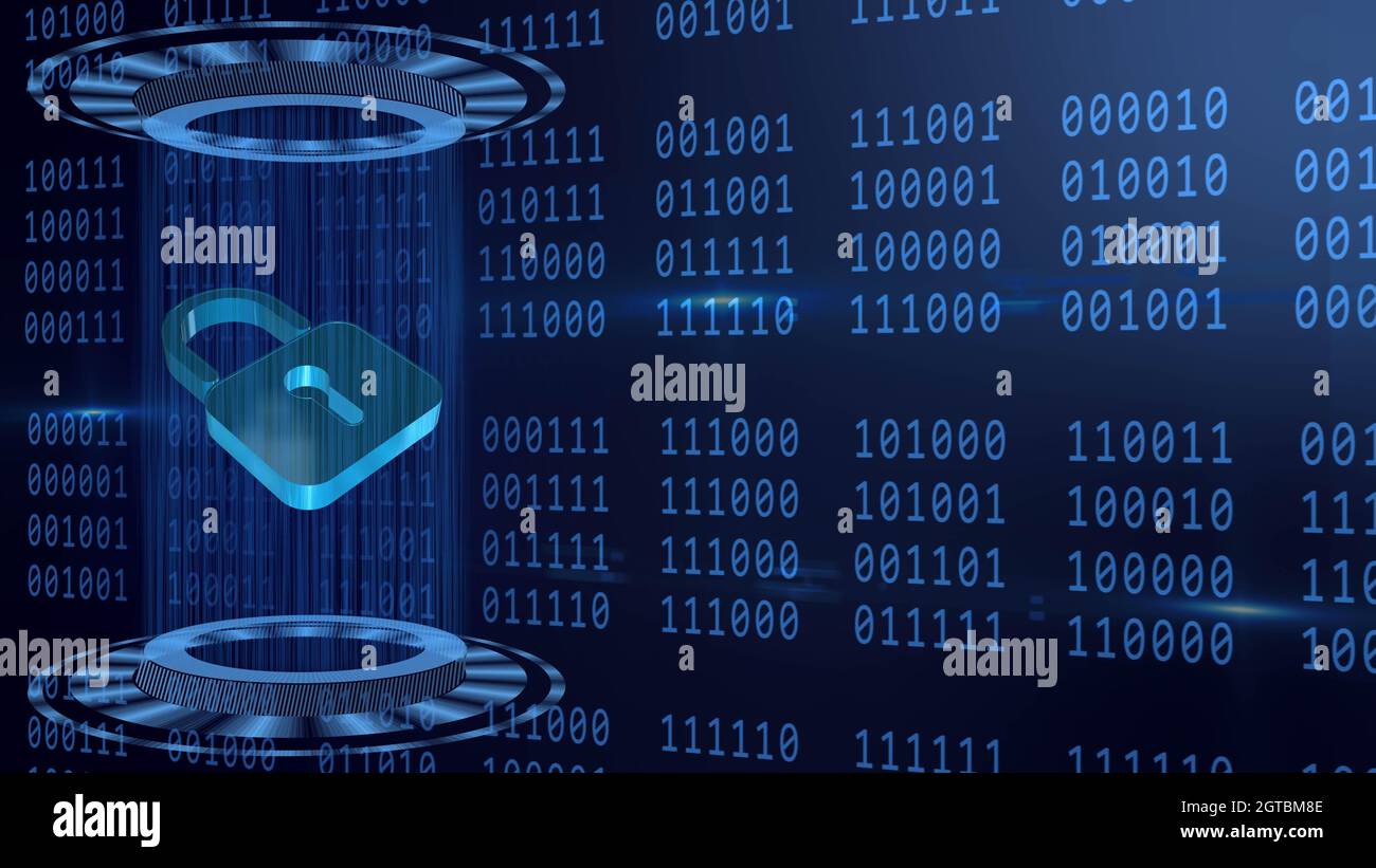 Abstract 3D graphic illustration on blue binary code background - shining light beam in cylinder ...