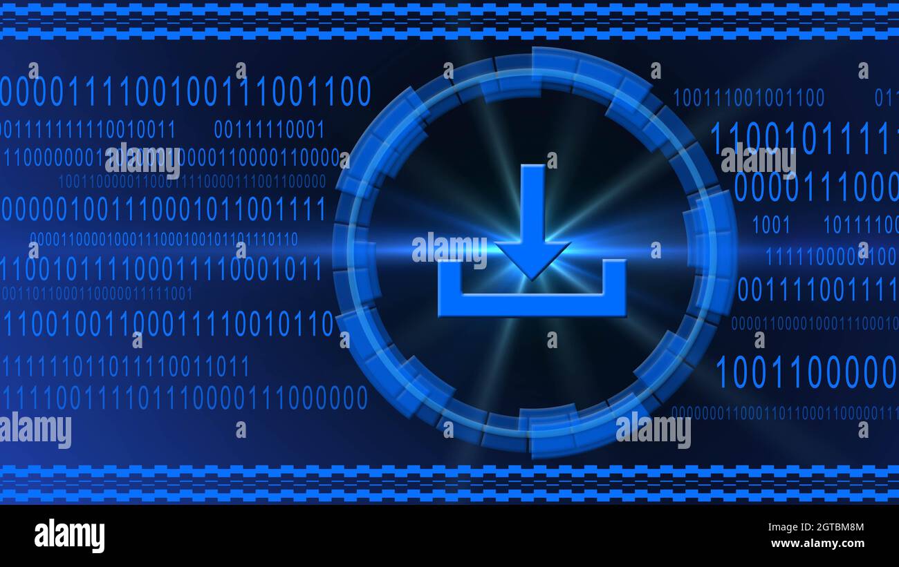Download symbol centered into HUD elements on binary code background - blue banner design - data ...