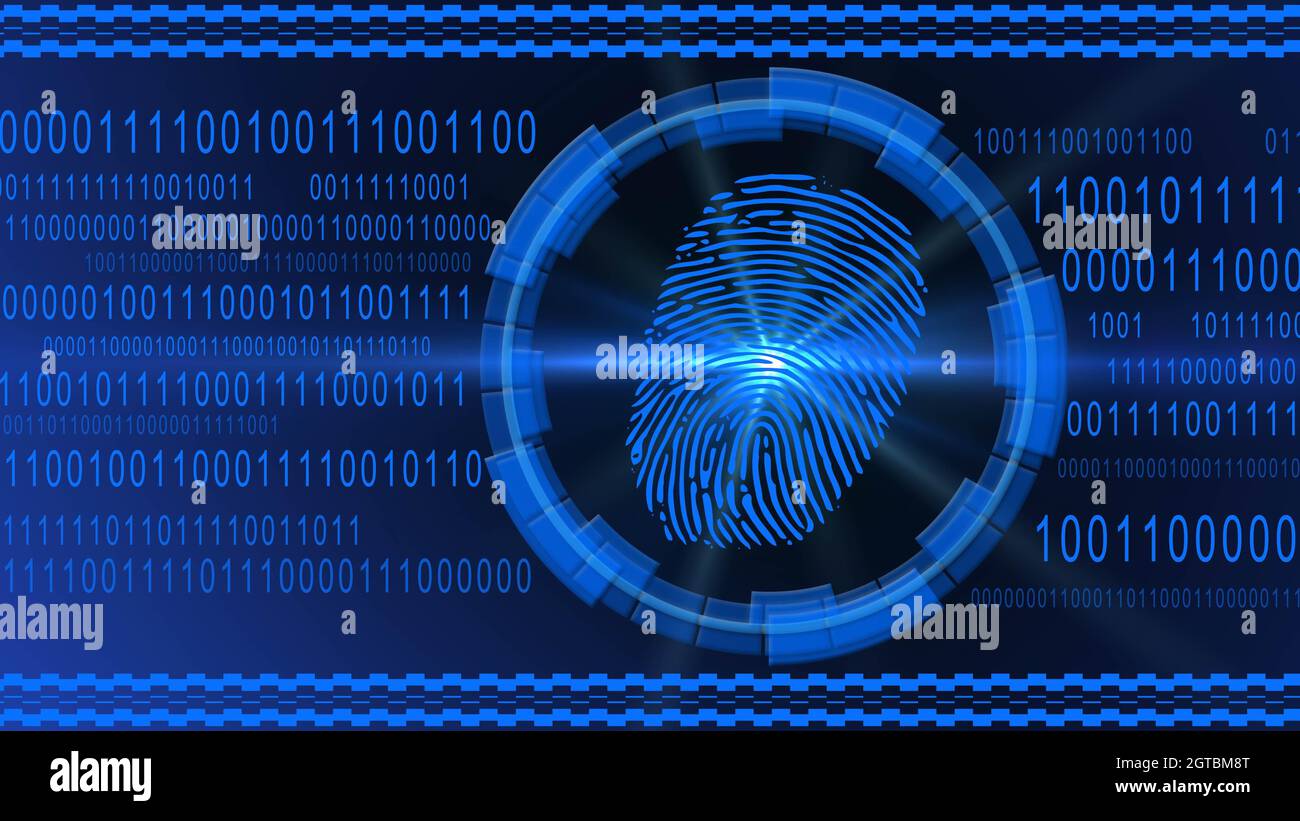 Fingerprint centered into HUD elements on binary code background - blue banner design - security ...