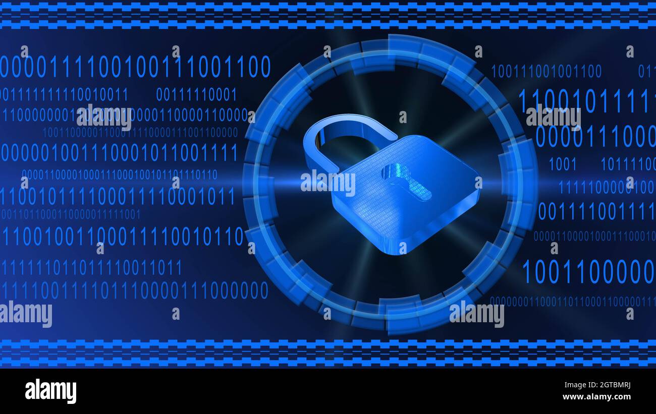 Padlock centered into HUD elements on binary code background - blue ...